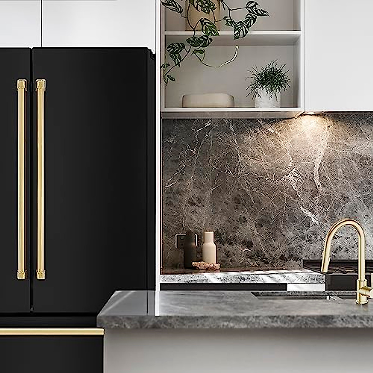 Z Line Kitchen and Bath ZLINE 36" Autograph Edition 22.5 cu. ft Freestanding French Door Refrigerator with Ice Maker in Fingerprint Resistant Black Stainless Steel with Gold Accents (RFMZ-36-BS-G)