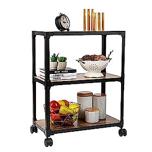 MIND READER Rolling Bar Cart [3 Tier] Kitchen Microwave Cart Island On Wheels, Coffee Station (Wood/Metal, Black/Brown)
