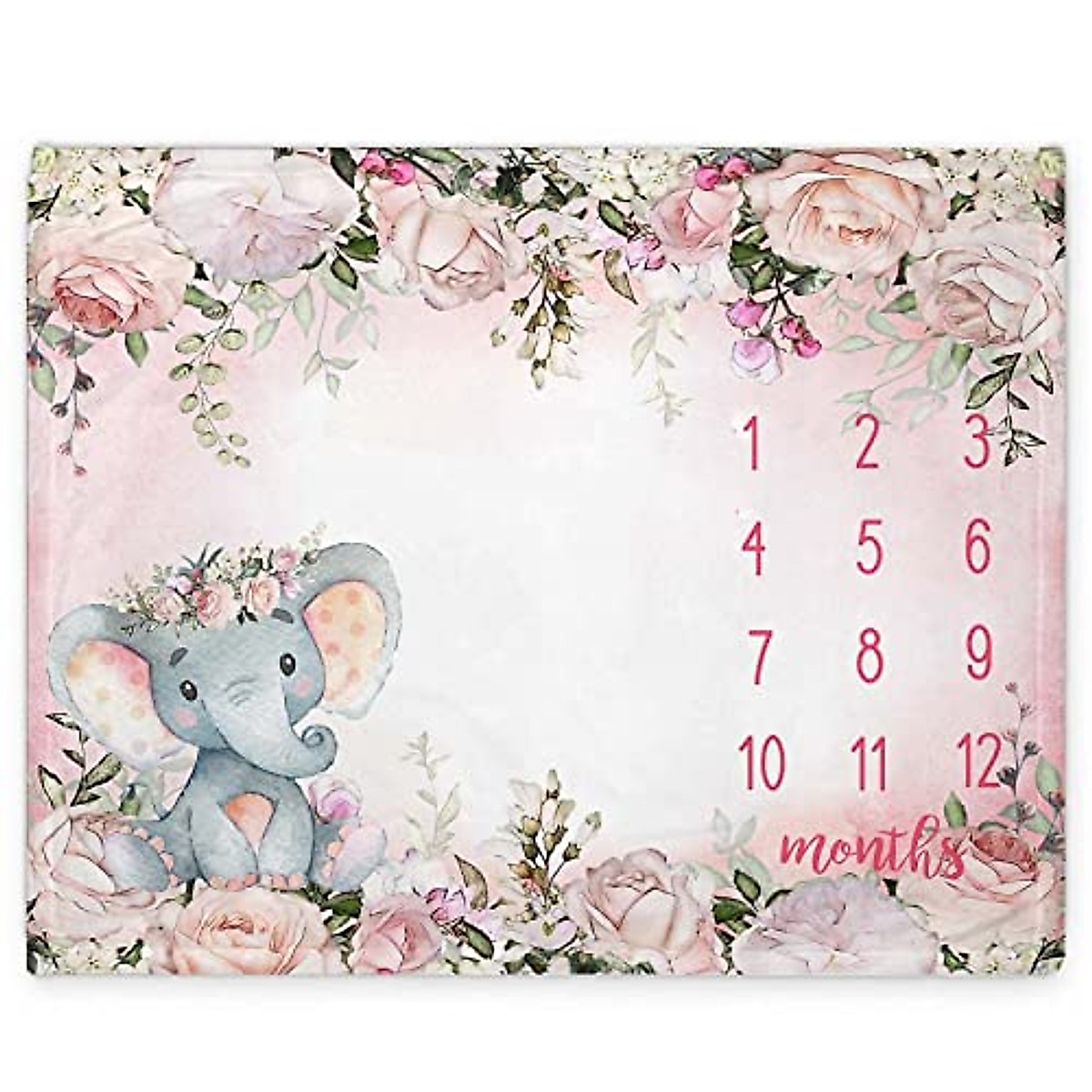 Popfavors Yuzioey Baby Girl Monthly Milestone Blanket, Floral Elephant Month Blanket for Newborn Baby Shower, Pink Elephant Girl Flower Blanket Growth Chart Monthly Blanket, Includes Marker (50x40)