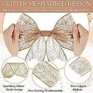 2 Rolls 20 Yards Christmas Halloween Metallic Wired Ribbons Glitter Ribbon for Crafts Valentine Floral Bow Making DIY Gift Wrapping Wedding Party Home Decor (Champagne, 2.5 Inch)