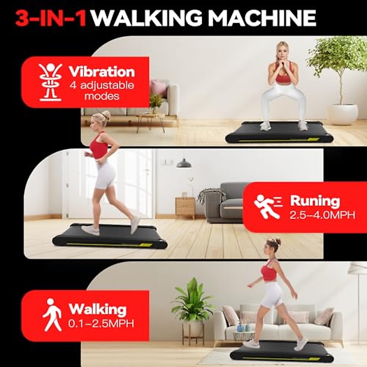 Walking Pad Treadmill with APP, 3 in 1 Under Desk Treadmill, 2.5HP Low Noise Walking Vibration Pad with Remote Control,Portable Treadmill for Home Office, Yellow