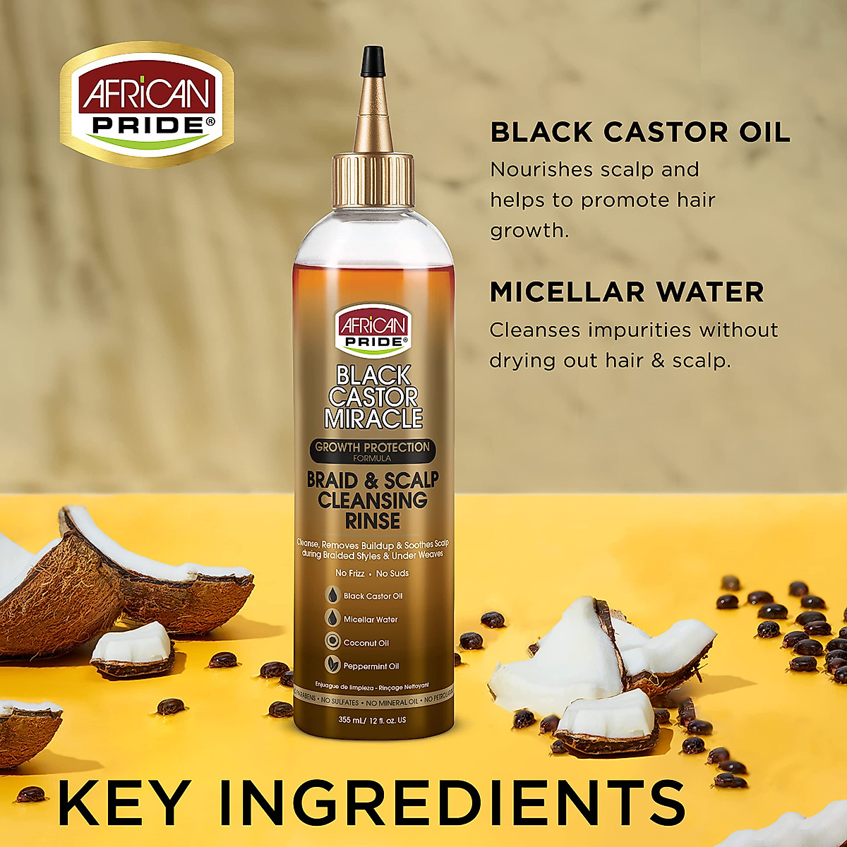 African Pride Black Castor Miracle Braid & Scalp Cleansing Rinse - Removes Hair Build Up & Soothes Scalp, No Frizz, Contains Black Castor Oil, Micellar Water, Coconut Oil, Peppermint Oil, 12 oz