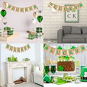 Whaline St. Patrick's Day Banner with String LUCKY Letters Burlap Banner Happy Easter Rabbit Bunting Garland Pre-Assembled Hanging Decoration for Home Party Supplies