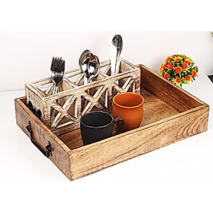 Wooden Decorative Serving Tray with Metal Handles | Wood Trays for Breakfast in Bed, Lunch, Dinner, Appetizers, Patio, Ottoman, Coffee Table, Party (15" X 11" x 2.75")