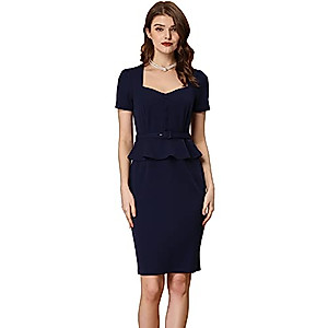 Allegra K Women's Peplum Sweetheart Neck Short Sleeve Wear to Work Office Sheath Dress Small Navy Blue