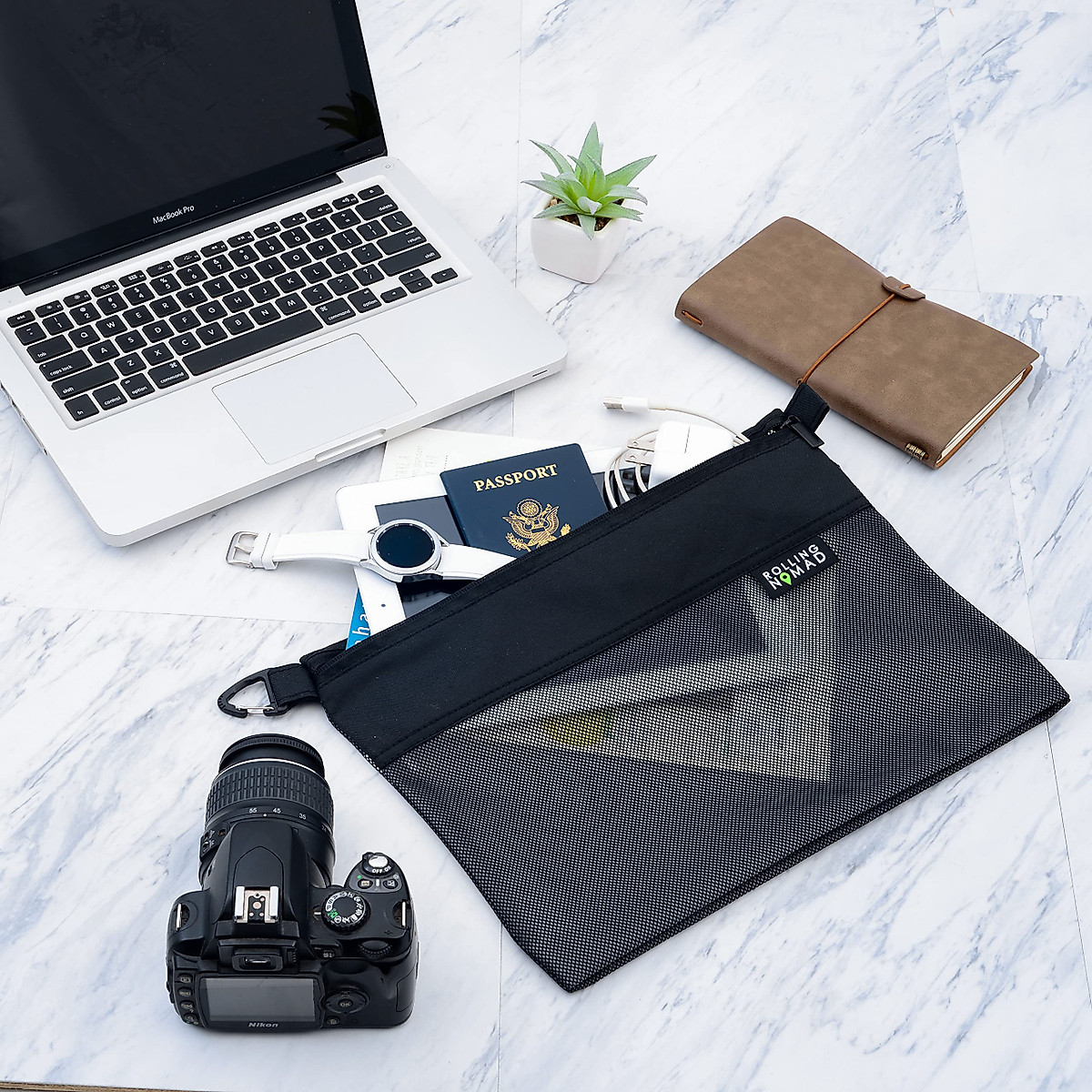 Rolling Nomad Large Zipper Pouch, Water-Resistant Mesh Bag, Black Travel Organizer, Toiletry, Storage, Cosmetics, Money Purse, Accesory, 14.2x10.2x0.4