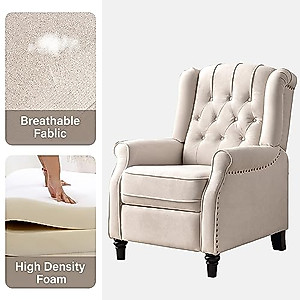 Bonzy Home Push Back Recliner Chair, Mid Century Modern Wingback Chair, Comfy Armchair Fabric Living Room Chairs with Rivet Decoration, Button-Tufted Back, Solid Wood Legs, Beige