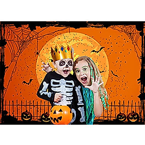 CYLYH 7x5ft Happy Halloween Orange Backdrop Halloween Eve BackdropHalloween Party Lantern Moon Bat Spider Web Graveyard Fence Photography Background Party Decorations