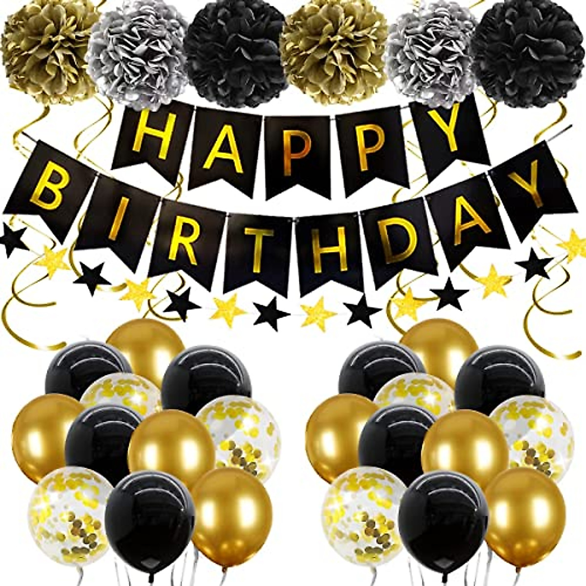Birthday Decorations for Men,Black And Gold Party Decorations Boys Happy Birthday Decorations with Banner Birthday Party Supplies