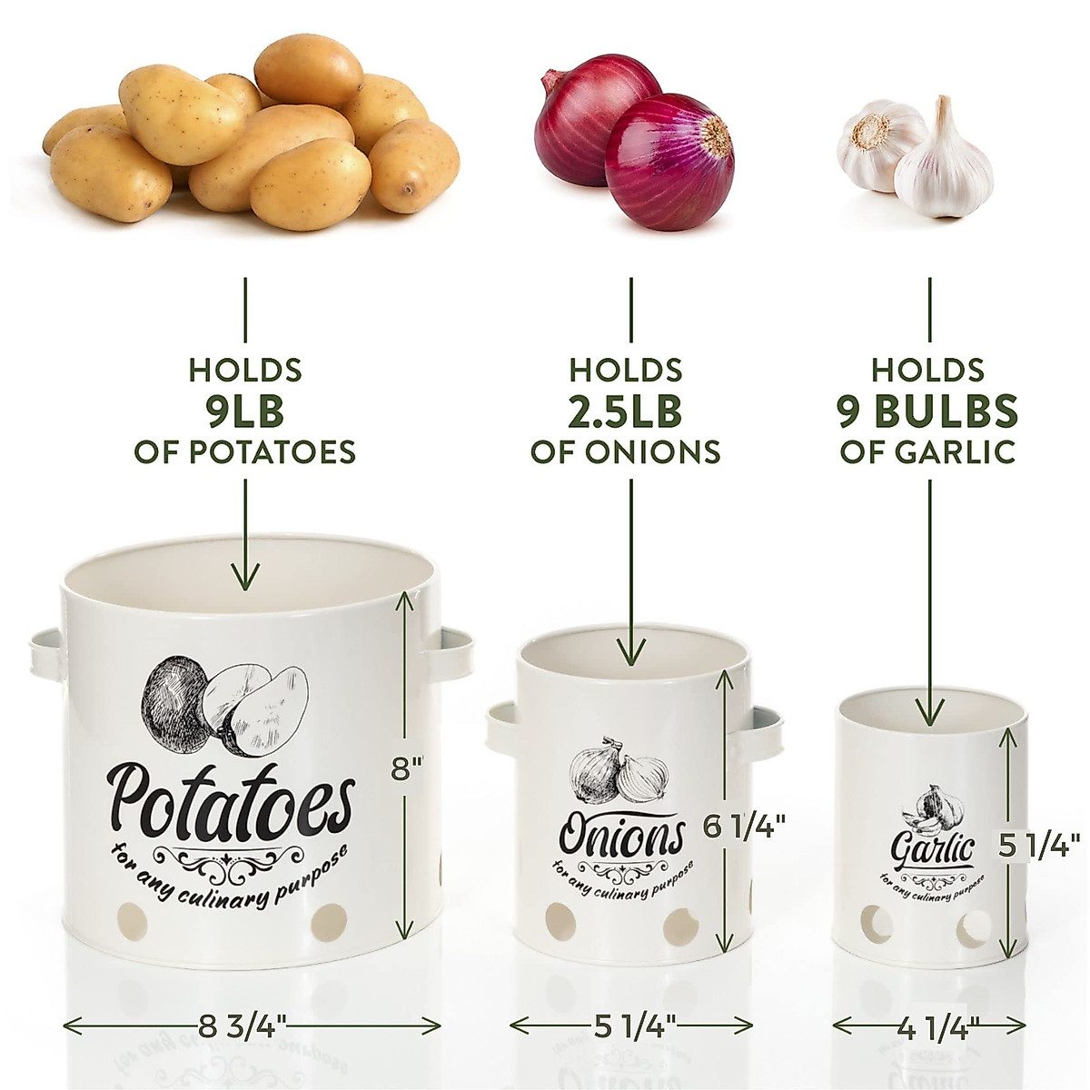 Prosper Culinary Potato and Onion Storage Bin with Garlic Holder - 3 Containers - Farmhouse Kitchen Countertop Canister - Vegetable Keeper for Potatoes, Onions, Garlic