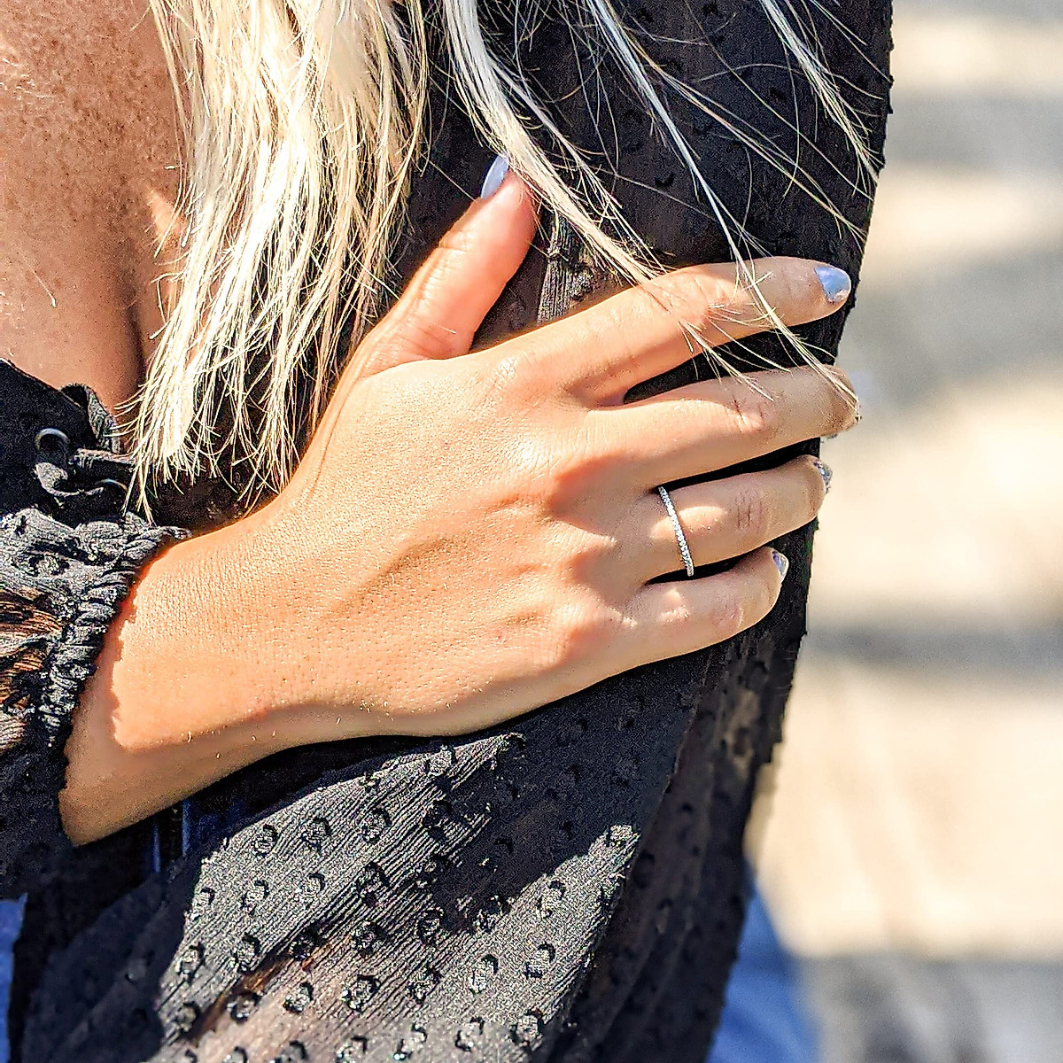 espere 18K Gold Plated Sterling Silver Full Eternity Band | Cubic Zirconia Paved Wedding Band | Thin CZ Stacking Ring (Silver, 4)