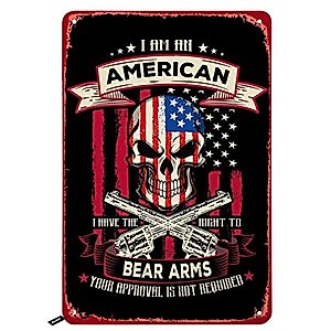Swono American Flag with Skull and Gun Tin Signs,I Am an American I Have The Right to Bear Arms Vintage Metal Tin Sign for Men Women,Wall Decor for Bars,Restaurants,Cafes Pubs,12x8 Inch