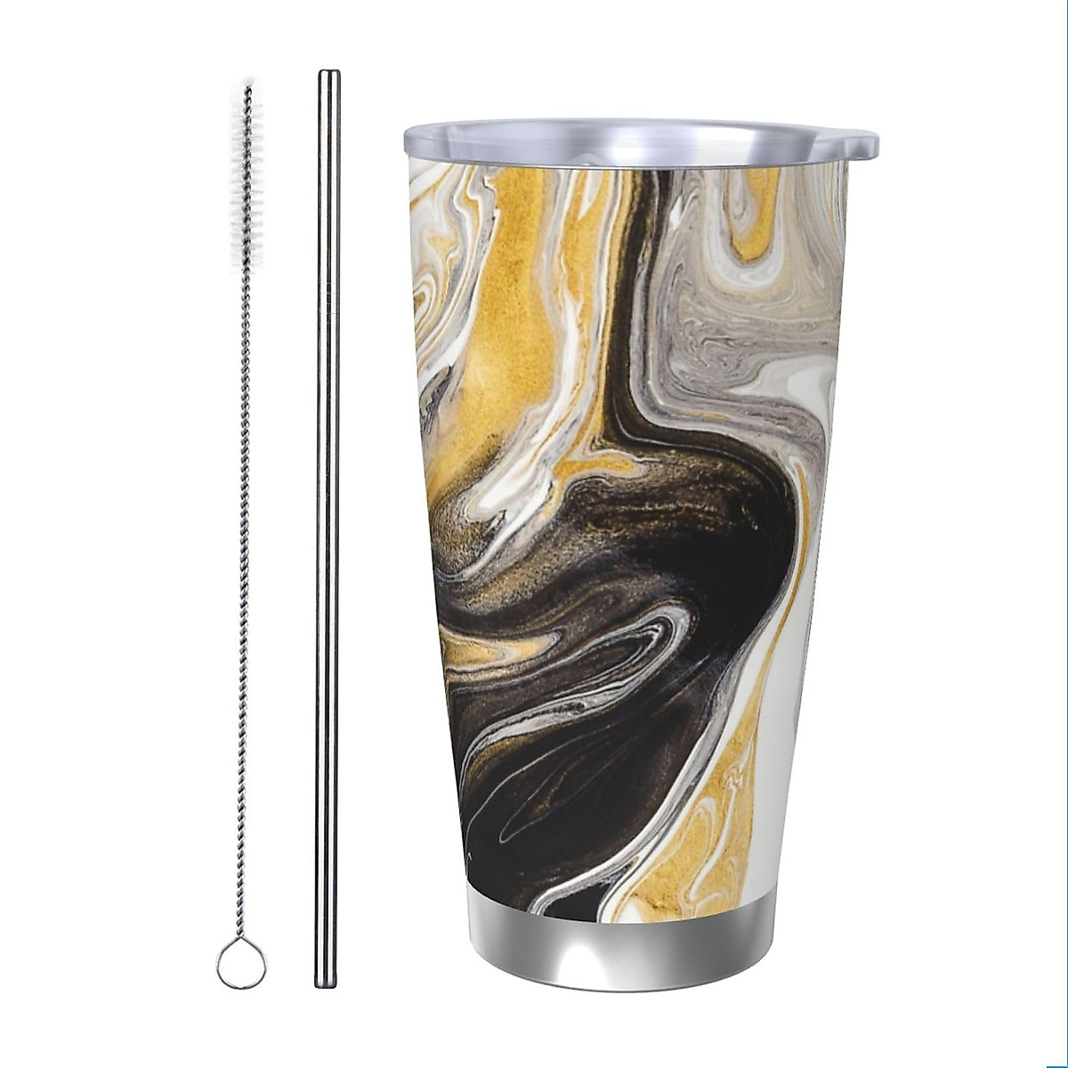 Black and Gold Swirl liquid ink marble 20oz Tumbler Stainless Steel Vacuum Insulated Coffee Travel Mug, Durable Coffee Travel Mug with Splash-Proof Lid Metal Straw and Brush Thermal Cup for Outdoor