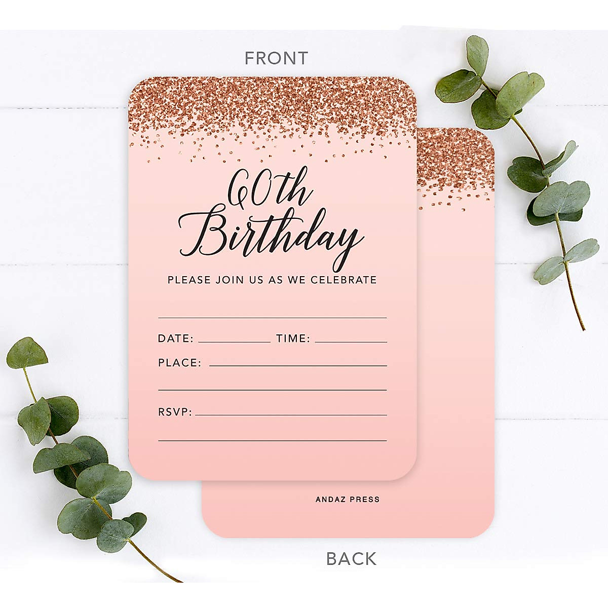 Andaz Press Blush Pink and Rose Gold Glitter Elegant Party Collection, 5x7-inch Invitations with Envelopes, 60th Birthday, 24-Pack, Double Sided Printing, Heavy Card Stock, Includes Envelopes