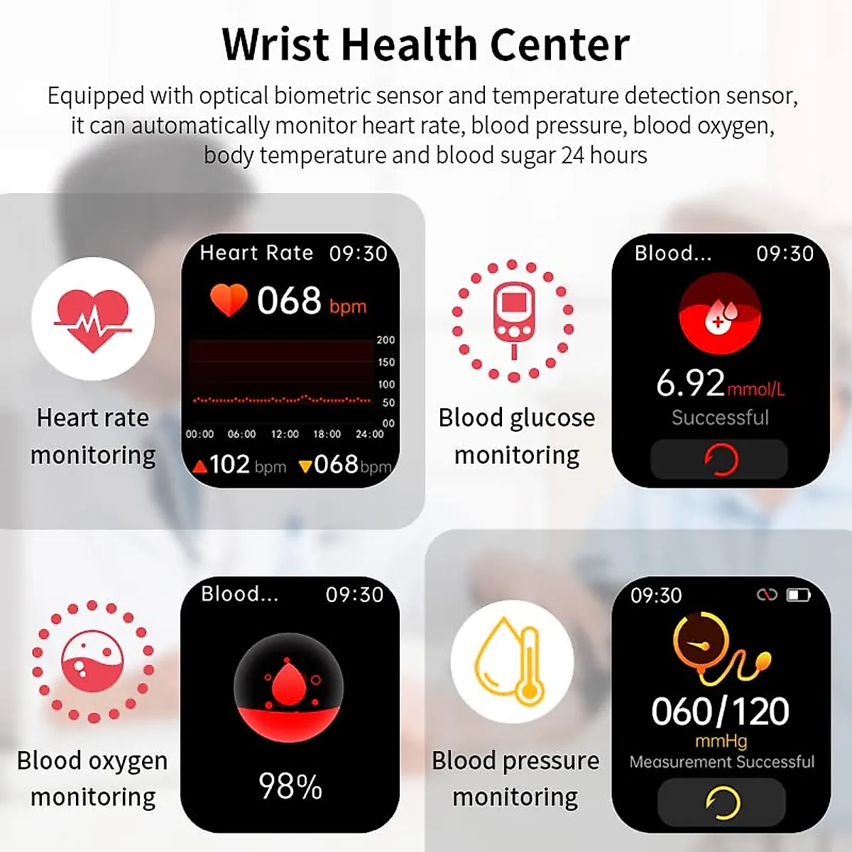 FILIEKEU F57L 𝑩𝒍𝒐𝒐𝒅 𝑮𝒍𝒖𝒄𝒐𝒔𝒆 𝑴𝒐𝒏𝒊𝒕𝒐𝒓𝒊𝒏𝒈 Smartwatches Men Heart Rate Blood Pressure Temperature Sports Waterproof Smart Watch Women Fashion Black Couple Compatible with Android iOS