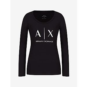 A|X ARMANI EXCHANGE womens Basic Scoop Neck Long Sleeved Tee With Logo on Chest T Shirt, Black, Large US