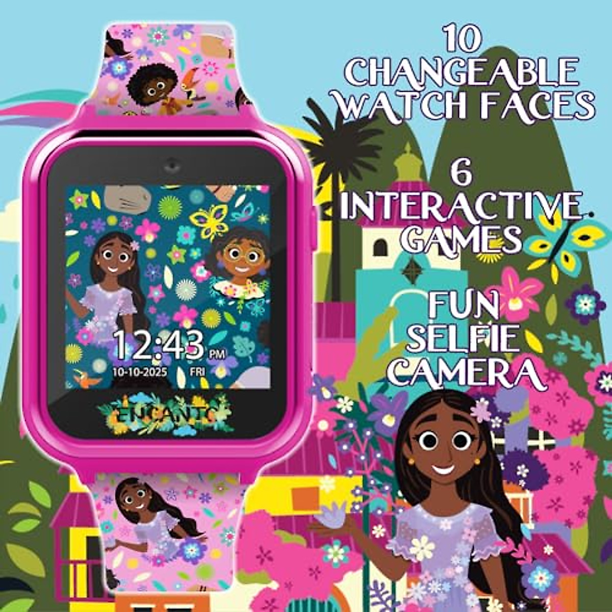 Disney Encanto Kids Smartwatch with Camera, Games, and Fitness Tracker – Interactive Touchscreen Watch with Changeable Faces, Alarm, Voice Recorder, and Step Counter – Fits Wrists 5.5" to 8"