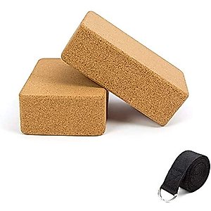 Cork Yoga Blocks, 2 Pack, with 1 Black Yoga Strap, 9”x6”x3”, High Density Solid Natural Cork Yoga Brick with Comfortable Edge to Improve Balance, Strength and Flexibility