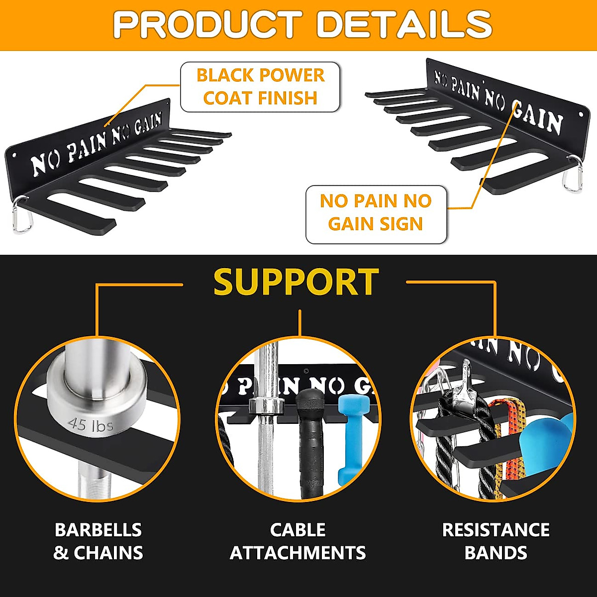 Gym Home Rack 8 Hook Heavy-Duty Wall-mounted Organizer Multi-Purpose Workout Gear Wall Hanger Storage for Resistance Bands Jump Ropes Lifting Belt Fitness Bands Barbells Carabiners Included