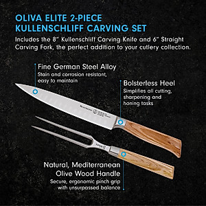 Messermeister Oliva Elite Kullenschliff Carving Knife Set - Includes 8” Kullenschliff Carving Knife & 6” Straight Carving Fork - German Steel Alloy Blade & Mediterranean Wood Handle