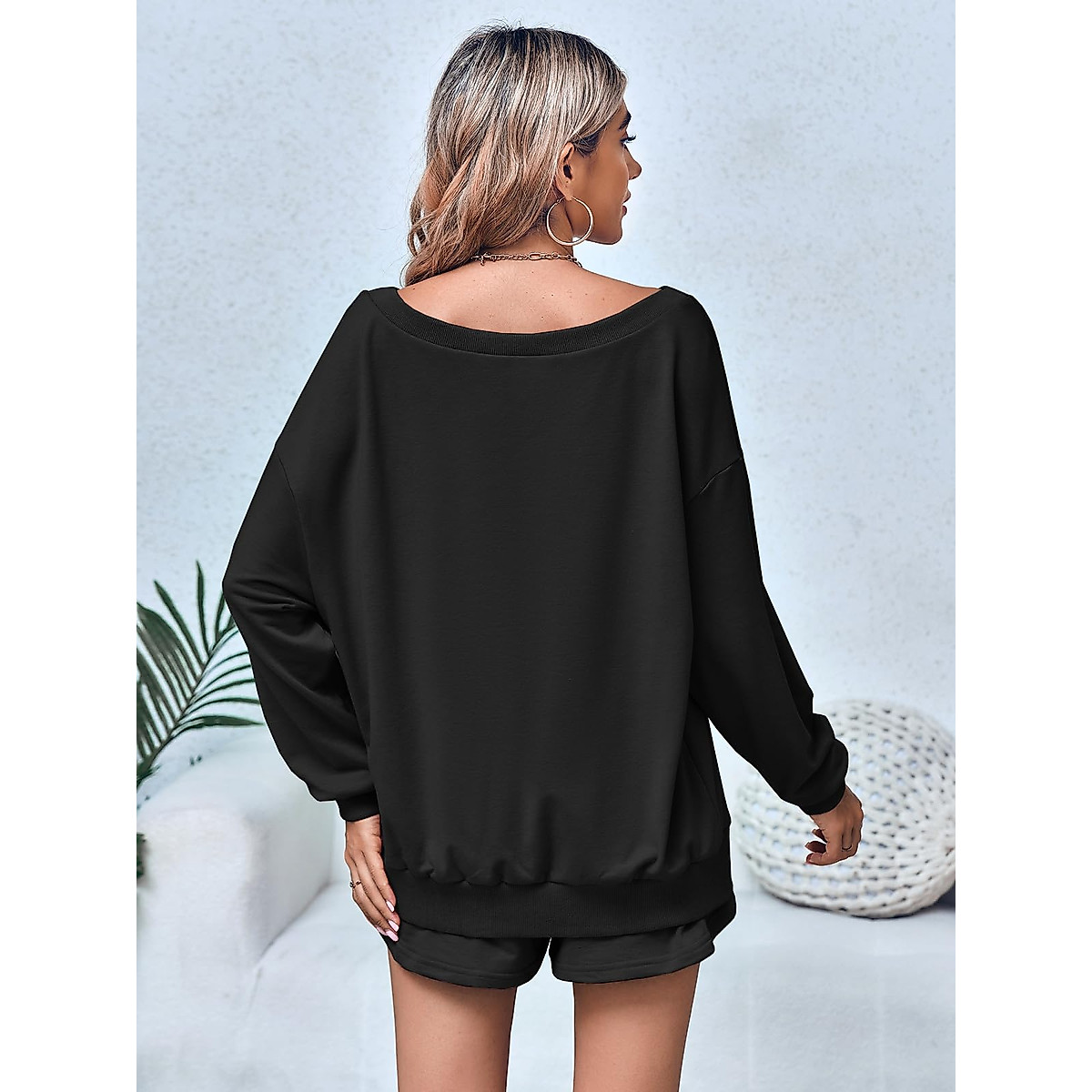 Fisoew Womens 2 Pieces Pajama Sets Long Sleeve Crop Top and Wide Leg Pants Set Black