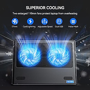 TECKNET Laptop Cooling Pad, 12"-15.6" Laptop Cooler, Gaming Cooling Pad Stand, Wind Speed Adjustable, 2 USB Powered Fans Cooling Pad for Laptop Within 16 Inch (Blue)