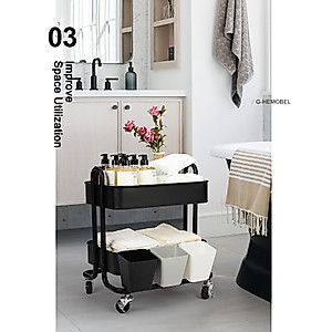 2-Tier Rolling Cart with Wheels, G-Hemobel Metal Utility Cart with 3 Hanging Cups and 2 Lockable Wheels, Organizer Cart with Multi-Functional Storage, Black