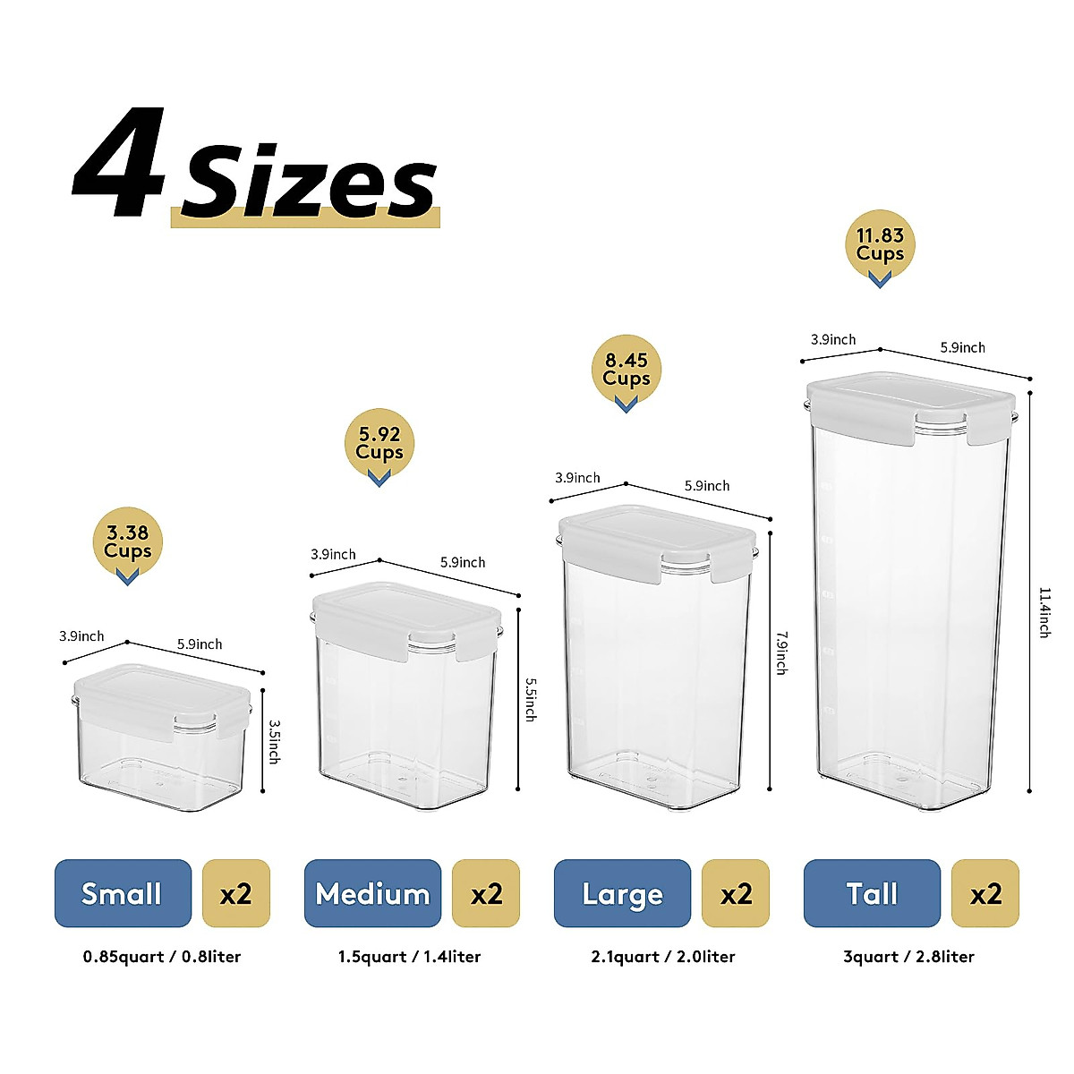Crystal Clear Airtight Food Storage Containers with Lids, Plastic Canister Set for Kitchen Organization and Storage, for Flour, Sugar, Cereal, Rice, BPA Free Plastic 8-Pack with Different Sizes White