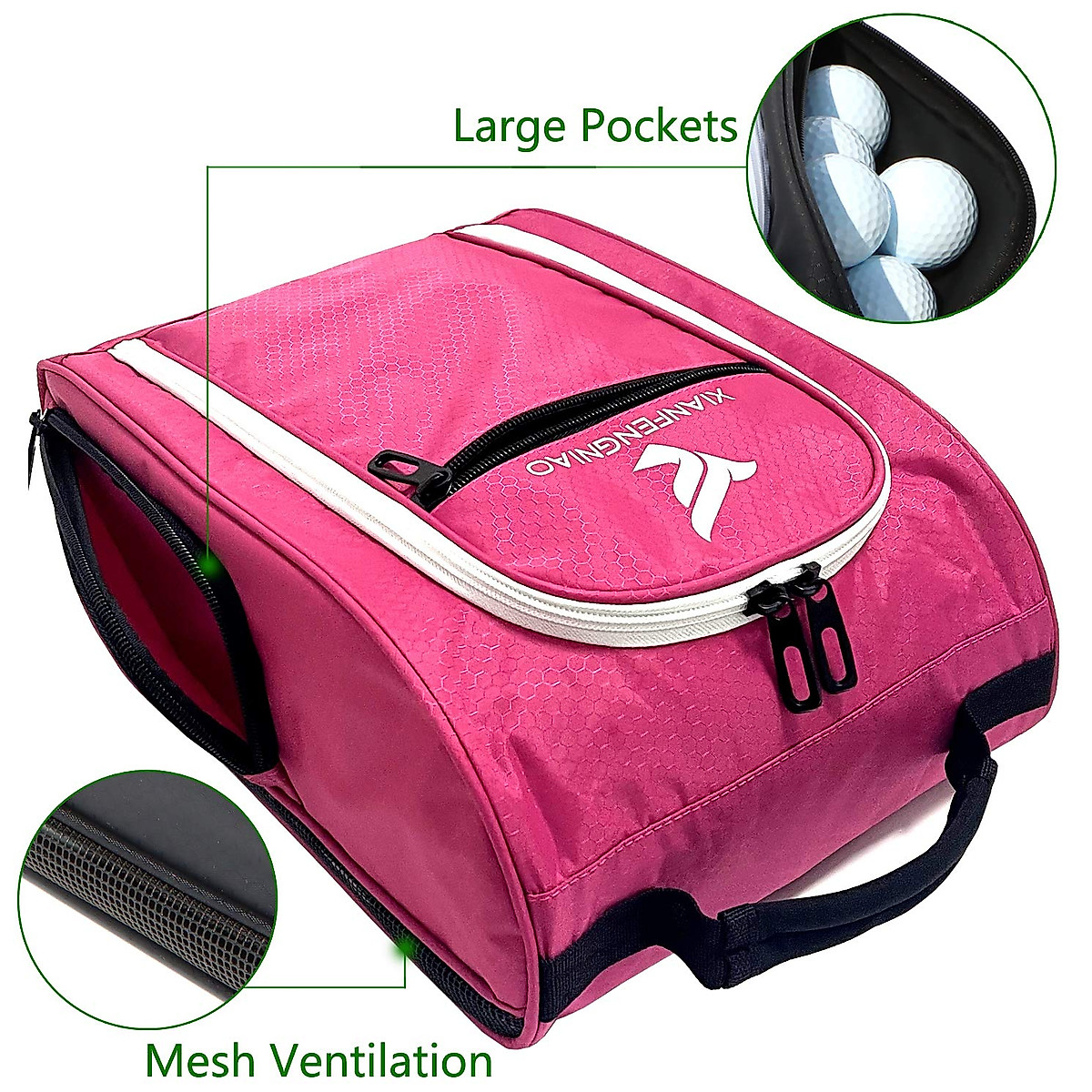 Golf Shoe Bag for Women，Zippered Golf Shoe Carrier Bag with Ventilation and 3 External Pockets for Golf Balls, Golf Glove, Tees and Other Golf Accessories(Red)