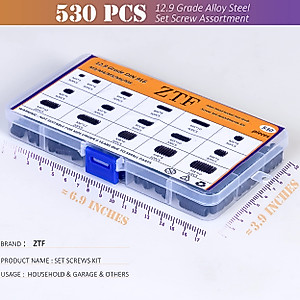 ZTF 530Pcs Metric Set Screw Assortment Kit, M3/4/5/6/8 Grub Screws Internal Hex Drive Set Screws for Bathroom Fixtures, Door Handles knobs, Towel Rack Screws Replacement, 12.9 Grade Alloy Steel