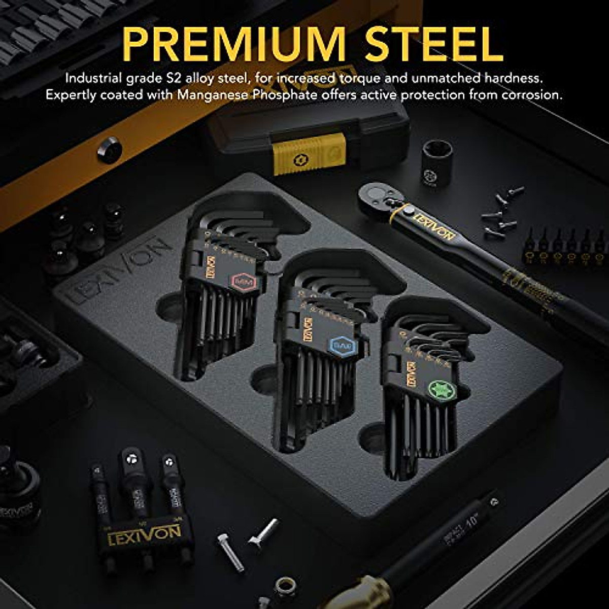 LEXIVON Master Wrench Key Set, 35-Piece Long Arm Ball End Hex Keys | 3-Pack Metric/SAE & Star, Industrial Grade S2 Alloy Steel (LX-131)