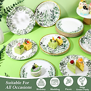 Yungyan 144 Pcs Sage Green Paper Plates with Gold Rim Sage Green Tableware Party Supplies Eucalyptus Dessert Plates Greenery Floral Plates for Baby Shower Bridal Wedding Birthday Party (9 Inch)