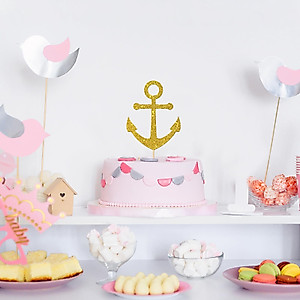 Gold Glitter Ship Anchor Cake Topper - for Baby Shower/Nautical Themed Party/Navy Themed Bon Voyage/Navy Wedding Party Decorations Supplies