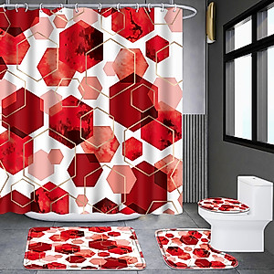 YOKYHOM Bathroom Sets, 4 Piece Geometric Red Bathroom Shower Curtain Sets with Rugs, Incl 71'' x 71'' Polyester Waterproof Shower Curtain with 12 Hooks, Non Slip Bath Mats and Toilet Lid Oval Rug