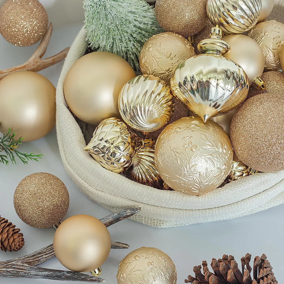 KI Store Champagne Christmas Balls 34pcs 2.36-Inch Christmas Tree Decoration Ornaments for Xmas Tree Holiday Wreath Garland Decor Ornaments Hooks Included