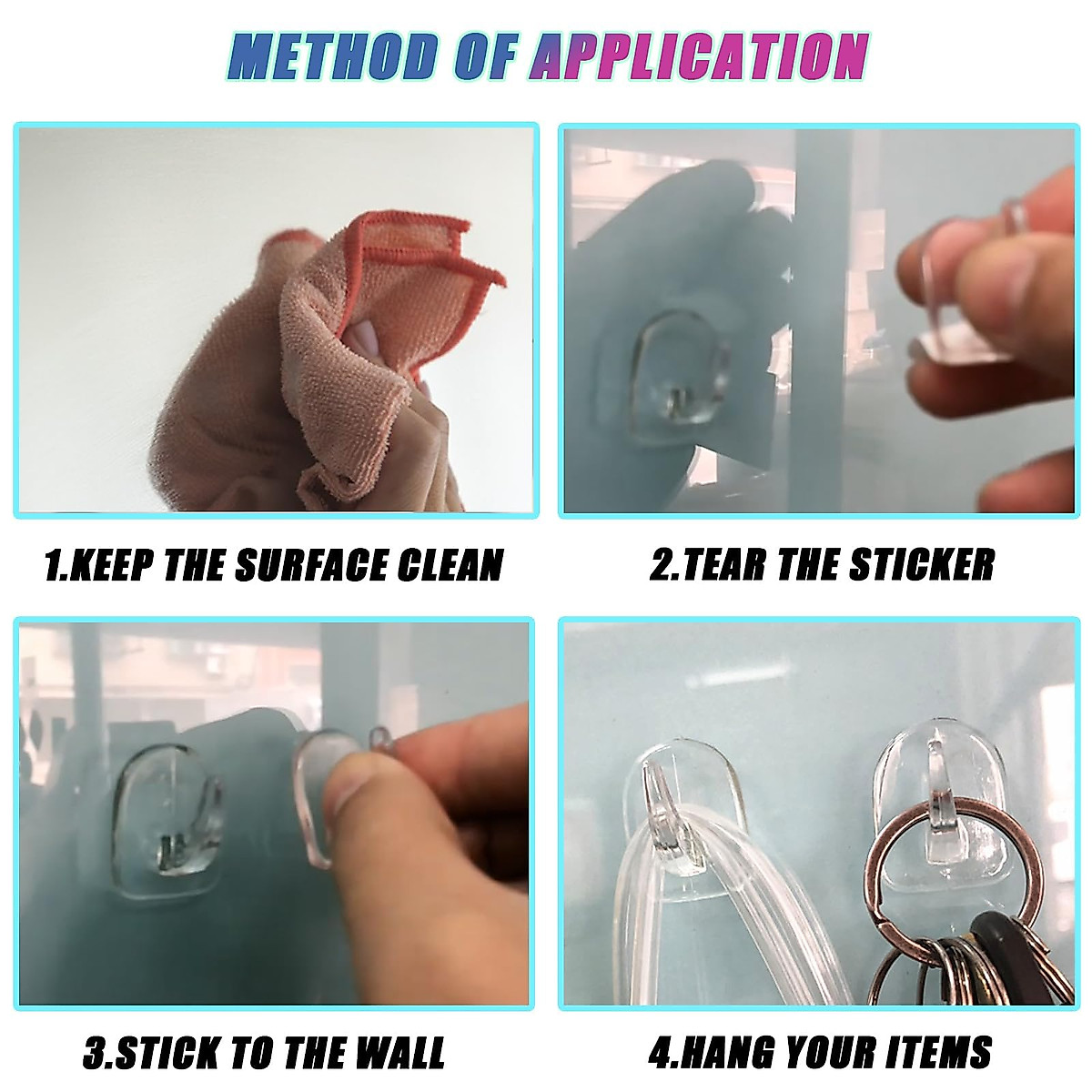 50 PCS Traceless Clear Plastic Adhesive Hooks No Damage Transparent Reusable Seamless Hooks Sticky Hangers with Non Marking Sticker for Kitchen Bathroom Bedroom Office Wall（3*2.4Cm/1.18*0.94Inches）