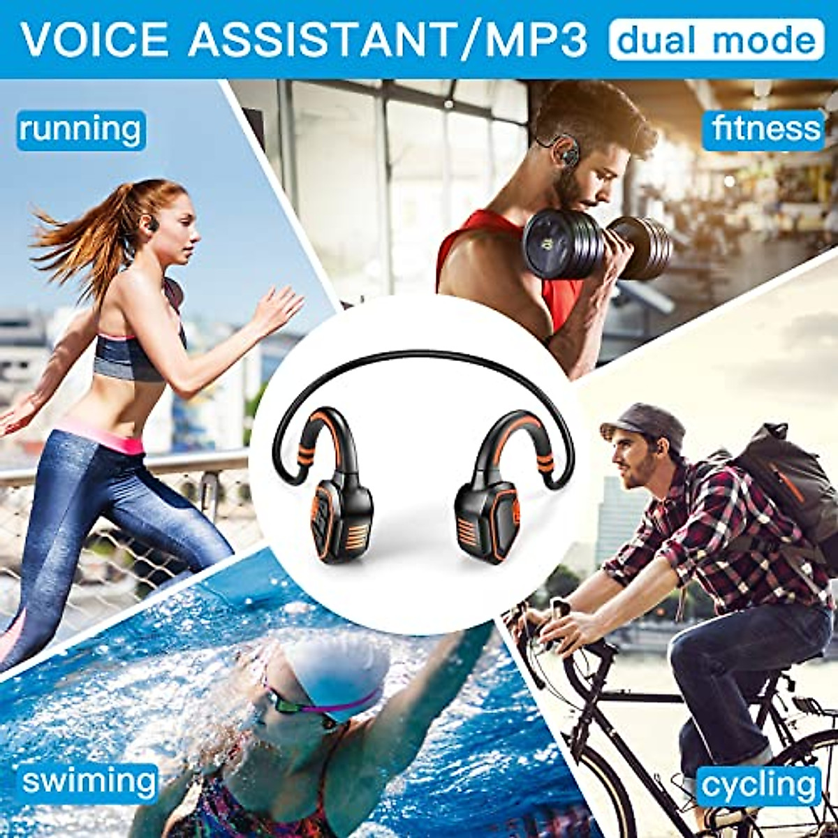 AOSMAN Swimming Headphones Underwater Waterproof Bone Conduction Bluetooth Headphones -Bluetooth 5.1 IP68 Waterproof with MP3 Play 16G Memory,Open Ear Wireless Sports Ultralight Headset (Orange)