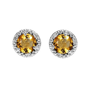 Halo Stud Earrings in 14K White Gold with Solitaire Citrine and Diamonds