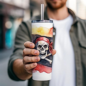 Pirate Jolly Roger Skull Crossbones Flag Watercolor Skinny Tumbler 20oz with Straw Insulated Water Bottle Gift