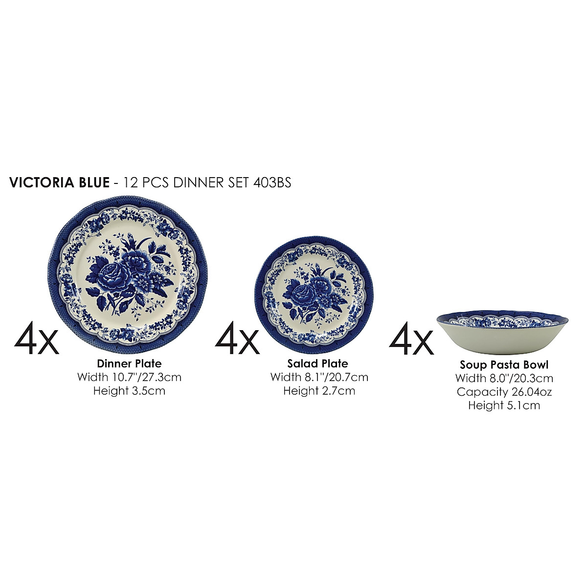 TUDOR ROYAL 12-Piece Porcelain Round Dinnerware Set, Service for 4, VICTORIA BLUE Design, Blue Floral, Plates Bowls Dishes, Premium Quality Tableware, Unique Pattern, Glossy