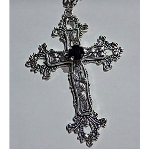 Large Gothic Cross Necklace silver-tone pendant with black glass stone, on 24" steel chain