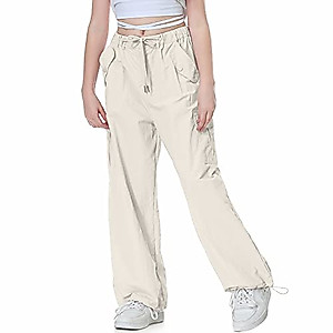 Rolanko Girls Parachute Pants, Cargo Pants for Girls Baggy Y2K Loose Jogger Trousers with Pockets for Kids (Beige, 8-10)