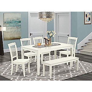 East West Furniture CADA6-LWH-W Capri 6 Piece Set Contains a Rectangle Kitchen Table and 4 Dining Chairs with a Bench, 36x60 Inch, Linen White