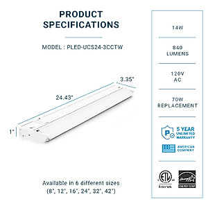 Parmida LED Technologies LED Swivel Under Cabinet Lighting, Hardwired or Plug-in Installation, 24", 14W, 3CCT Color Selectable - 3000/4000K/5000K, Rotatable Lens, Dimmable, Linkable, 120V, 840LM