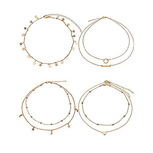 BBTO 4 Pieces Layered Pendant Choker Necklace Gold Layering Chain Choker for Women Girls (Style A)