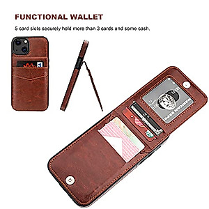 KIHUWEY Compatible with iPhone 13 Case Wallet with Credit Card Holder, Premium Leather Magnetic Clasp Kickstand Heavy Duty Protective Cover for iPhone 13 6.1 inch(Brown)