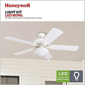 Honeywell Ceiling Fans Belmar 52 Inch Ceiling Fan With Light, Indoor/Outdoor Ceiling Fan with Pull Chain, LED Tri-Mount 5 Blade Design, ETL Damp Rated, White (50513-01)