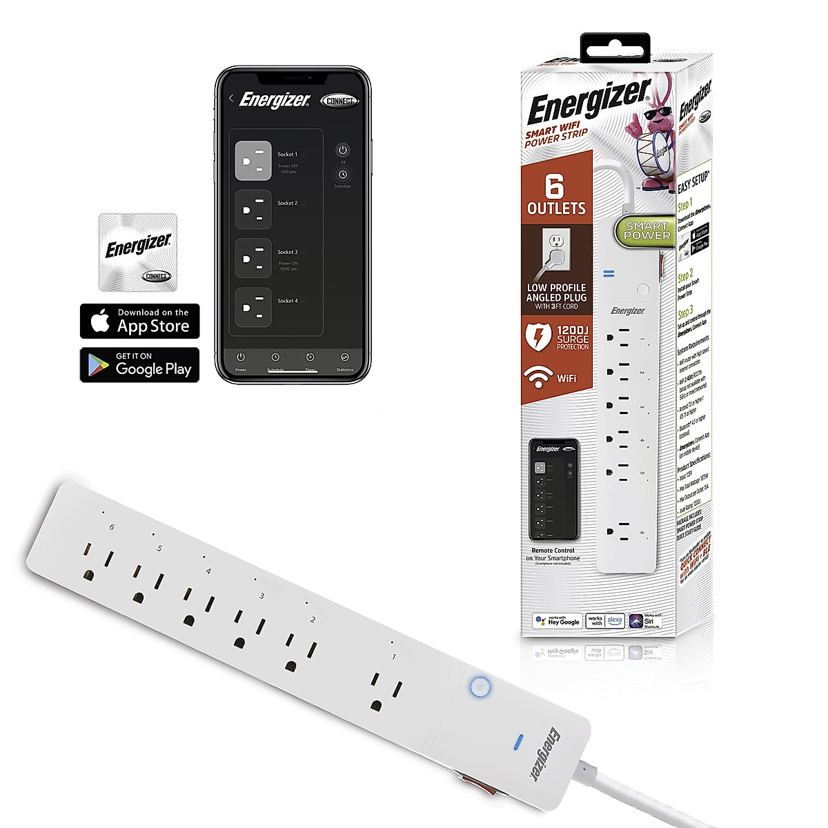 Energizer Connect 6 Outlet Smart Surge Protector, 1,200 Joules, Remote Access/Custom Schedules, Compatible with Alexa/Siri/Google Assistant, Low Profile Angled Plug with 3ft Cord, Connect to Your Wi-Fi