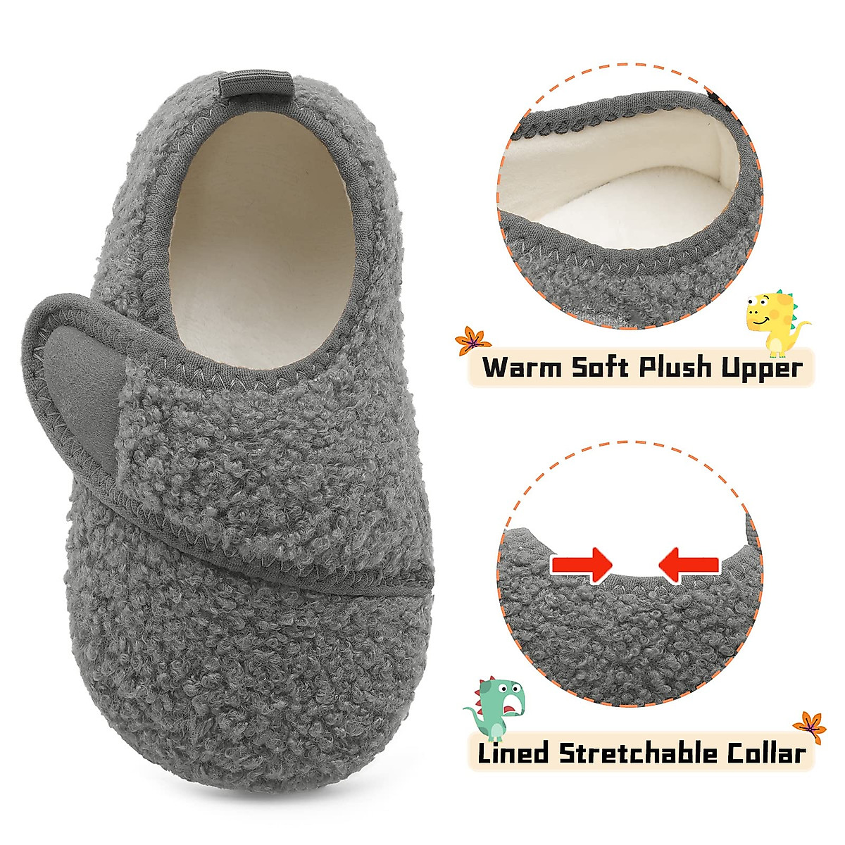 Scurtain Toddler Baby Boys Girls Cute Shoes Non Skid Hook And Loop Soft Slipper Warm Plush Lined Grey Infant Size 3.5-4.5