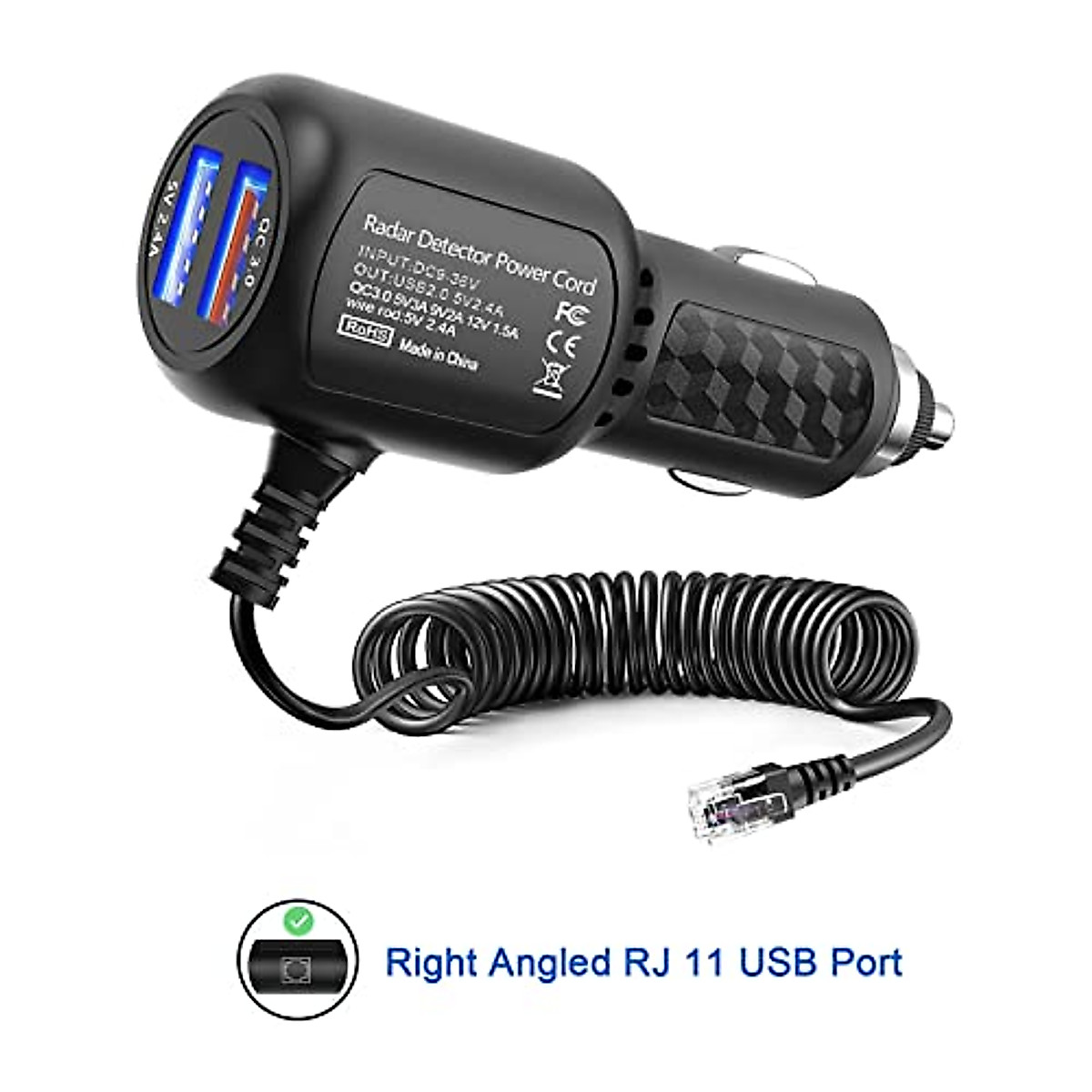 Radar Detector Power Cord,for Uniden Escort Valentine Beltronics Passport Cobra etc Radar Detector,with Dual USB QC3.0 Quick Charger (RJ11)